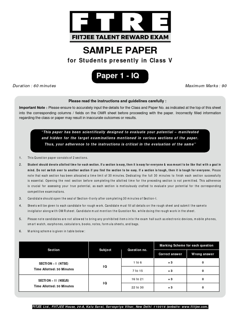 Ftre-2023-Sample Paper-Class-V-P1-I.q. | PDF
