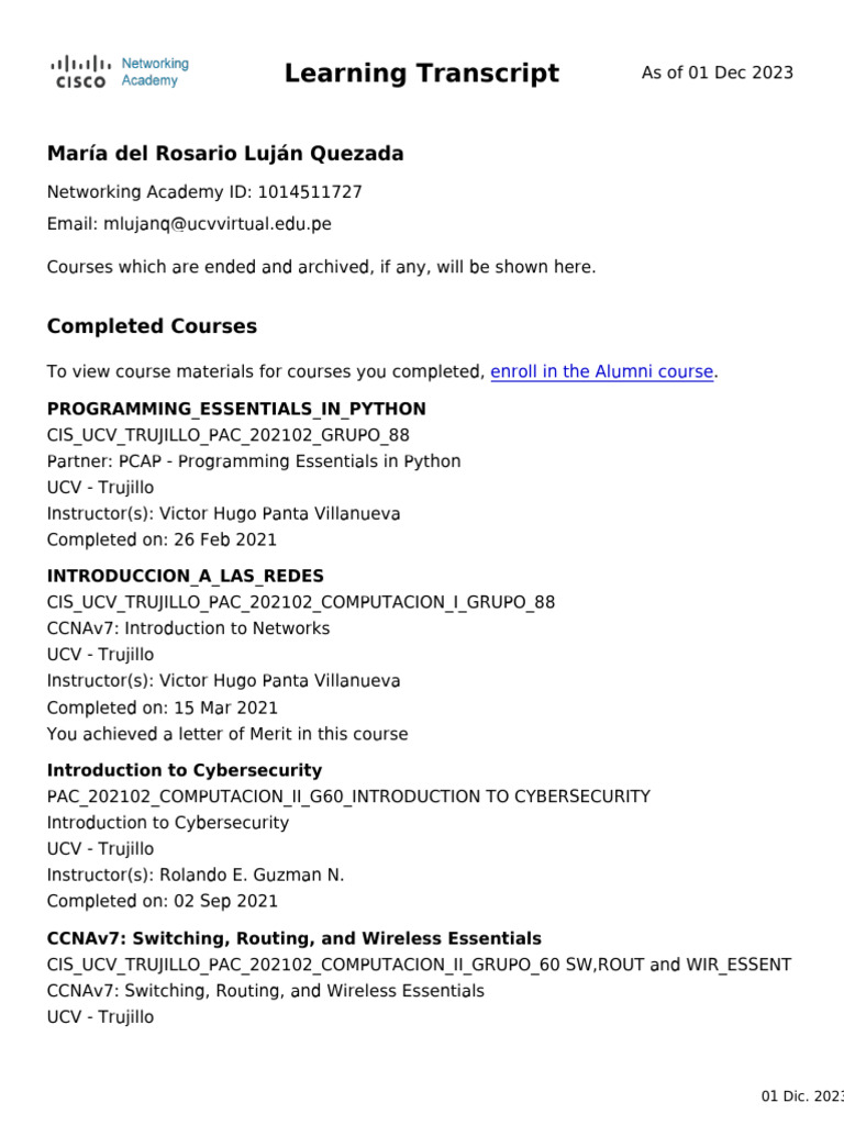 NetAcad Learning Transcript | PDF | Computing