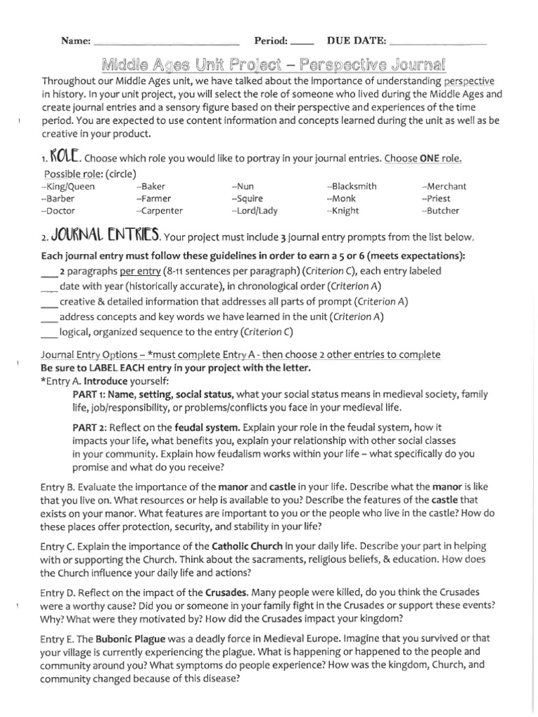 Middle Ages Unit Project & Rubric | PDF