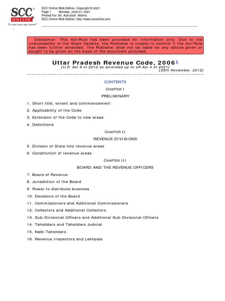 UTTAR PRADESH REVENUE CODE, 2006 With 2020 Amendment | PDF | Lease ...