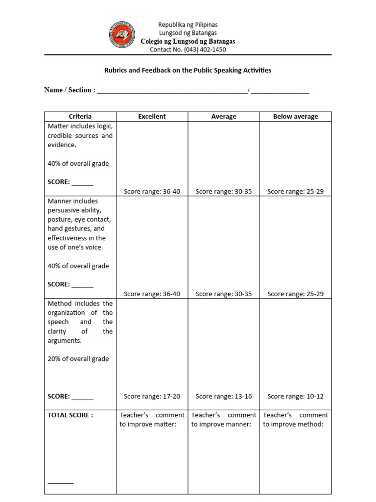 Public Speaking Rubrics and Feedback | PDF | Career & Growth