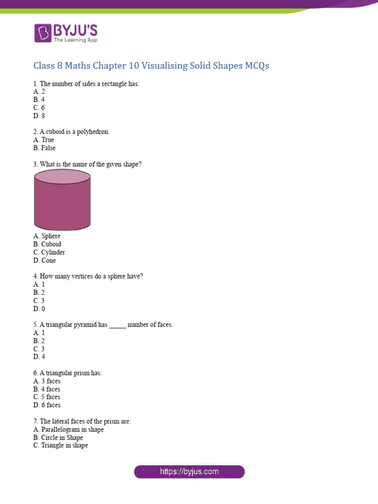 Class 8 Maths Chapter 10 Visualising Solid Shapes MCQs | PDF