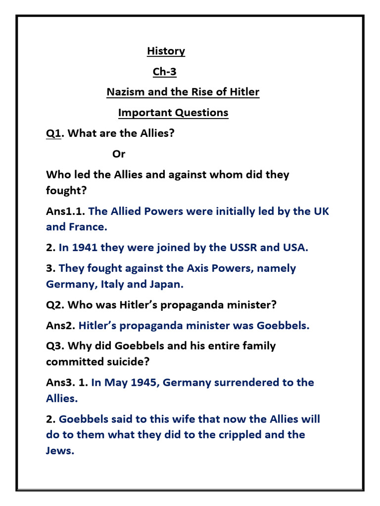 Class 9 History Ch-Nazism and The Rise of Hitler Important Questions ...