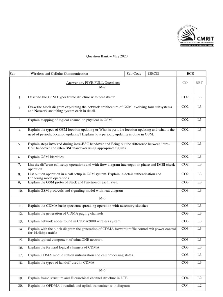 Question Bank-M2, m3, m5 | PDF | Gsm | Cellular Network
