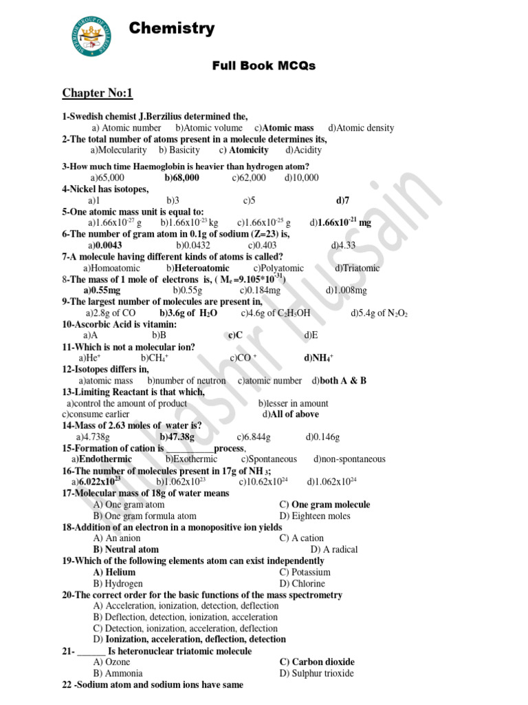 Full Book MCQs (Chemistry) | PDF | Redox | Reaction Rate