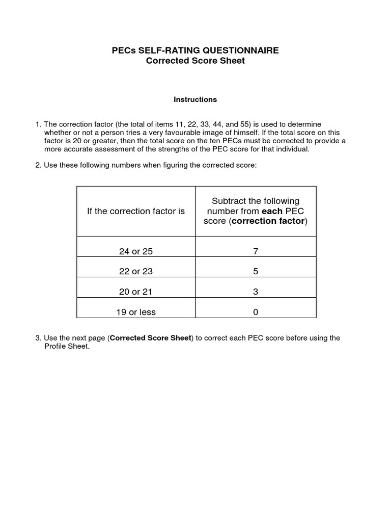Pecs Self-Rating Questionnaire Corrected Score Sheet | PDF