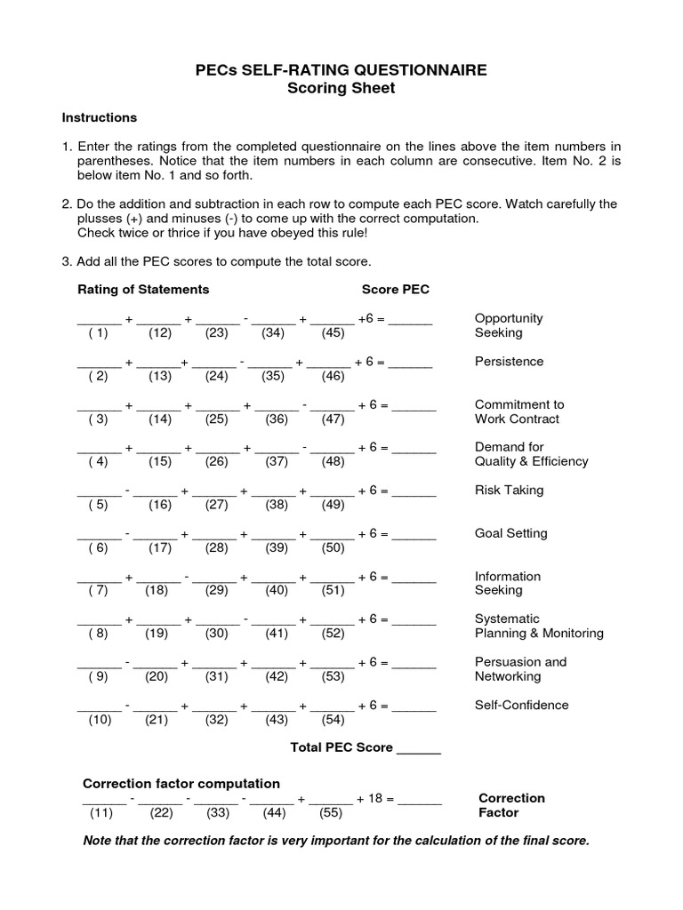 PECs Self Rating Questionnaire Scoring Sheet 1 | PDF