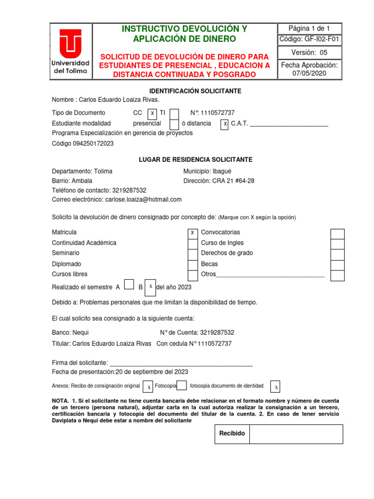 Formato De Devolución De Dinero Pdf