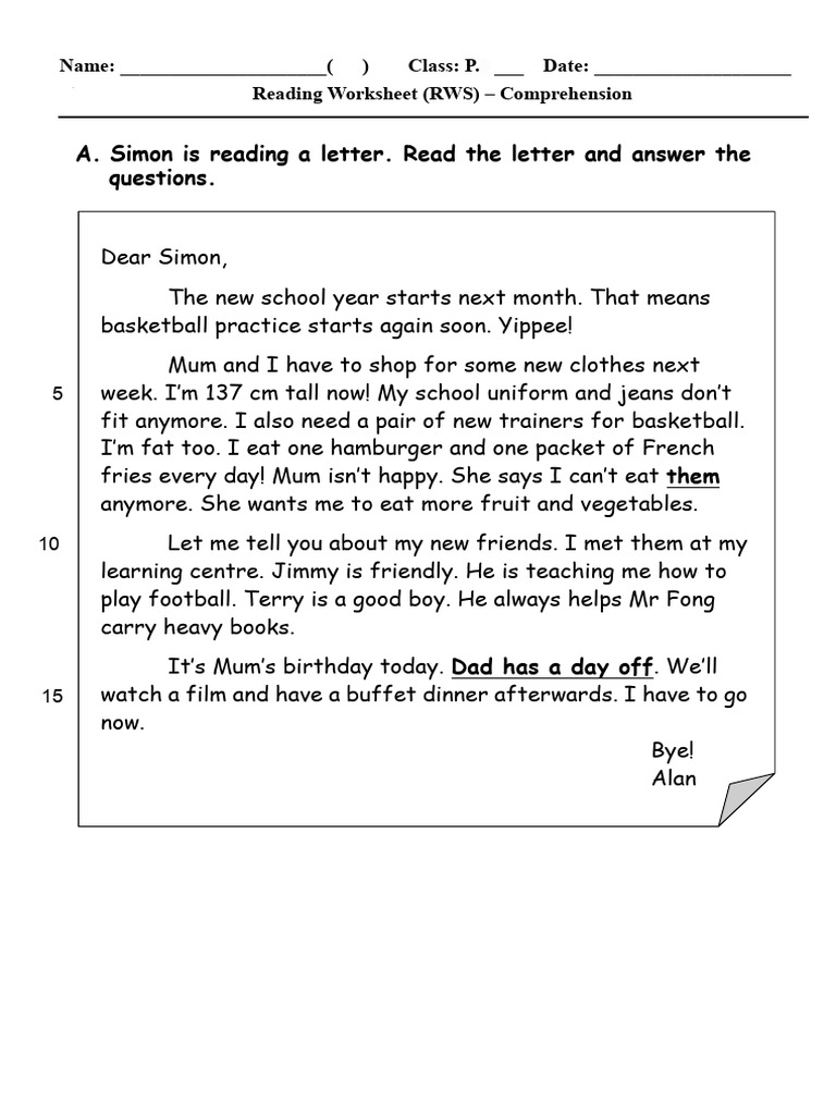 P.3 Reading Worksheet | PDF
