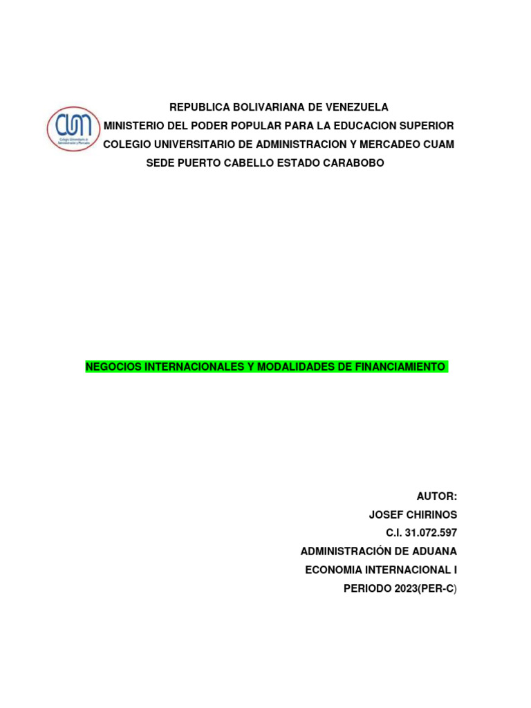 Negocios Internacionales y Modalidades de Financiamientos | PDF