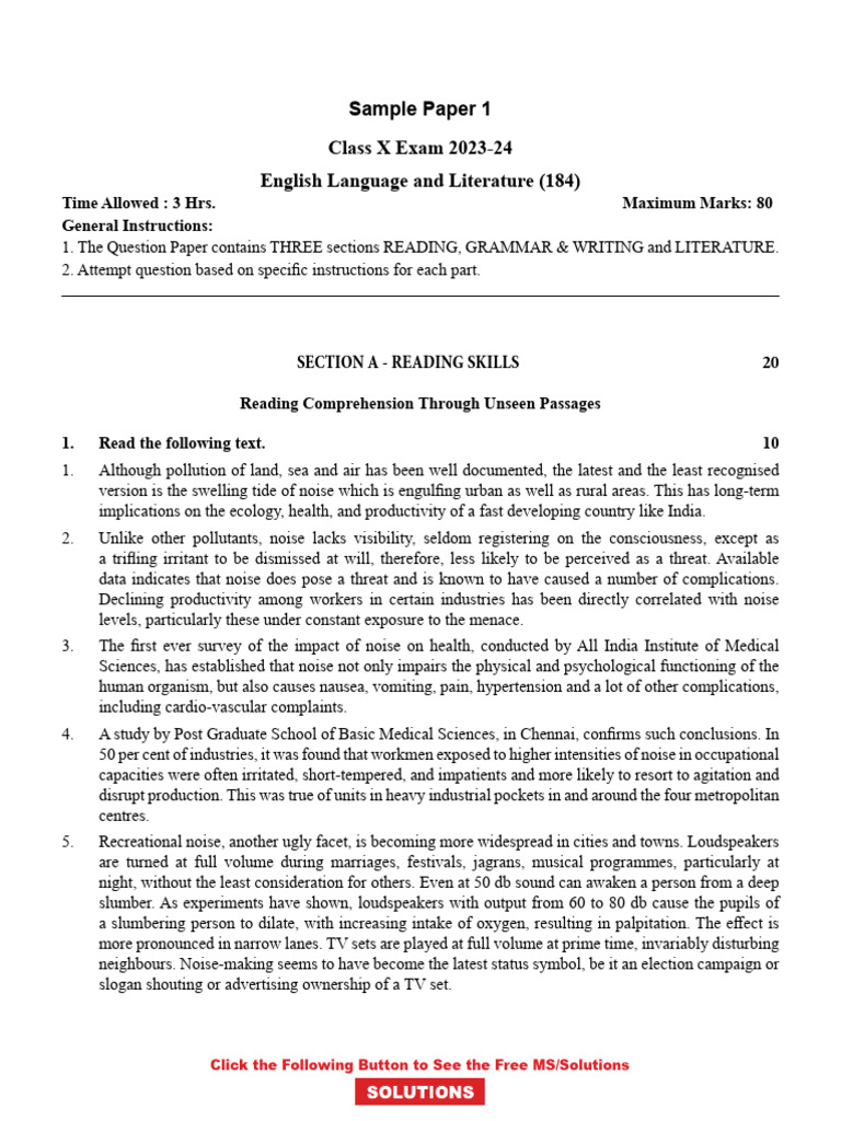 Grade 10 Sample paper | PDF | Fast Food | Noise
