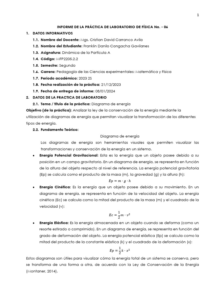 Informe de Laboratorio 6 - Franklin Congacha | PDF | Energía potencial | Energía cinética