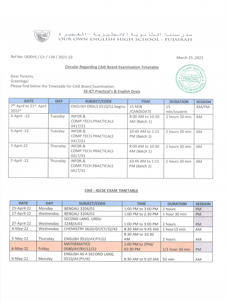 134 - CAIE Board Examination Schedule For S5 and S4 | PDF