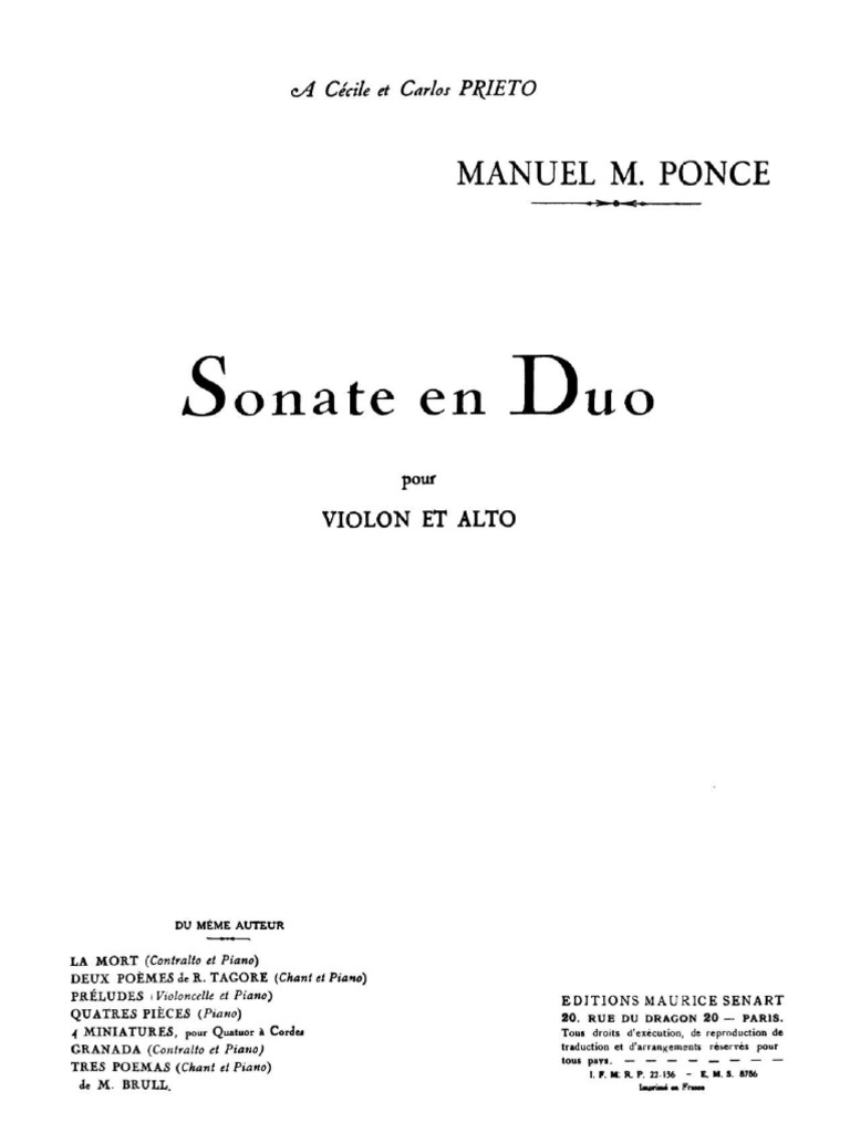 Manuel M Ponce Sonata A Dúo Para Violín Y Viola 1936 38 Score Pdf
