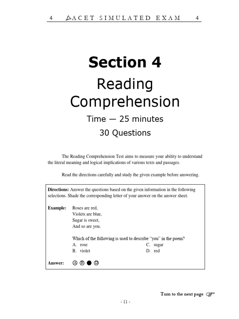 CET 2018 - ACET SIMULATED EXAM - SECTION 4 - READING COMPREHENSION (11 - 22) v.7.28.2018 | PDF ...