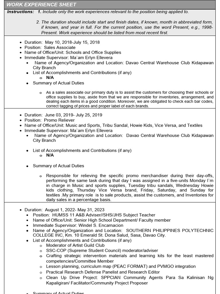 Work Experience Summary for Job Application | PDF | Business