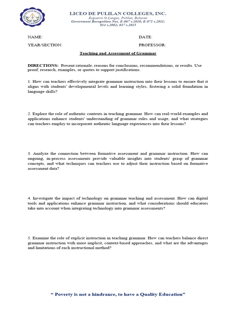 Teaching And Assessment Of Grammar Pdf Educational Assessment