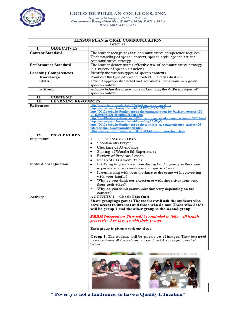 Sample Lesson Plan in English (k12 Curriculum) | PDF | Communication ...