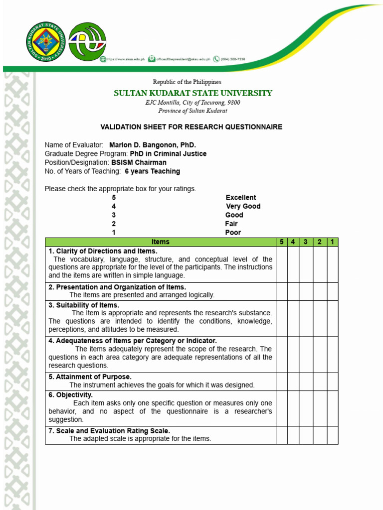 Questionnaire Validation Sheet-Quanti | PDF | Psychology | Cognition