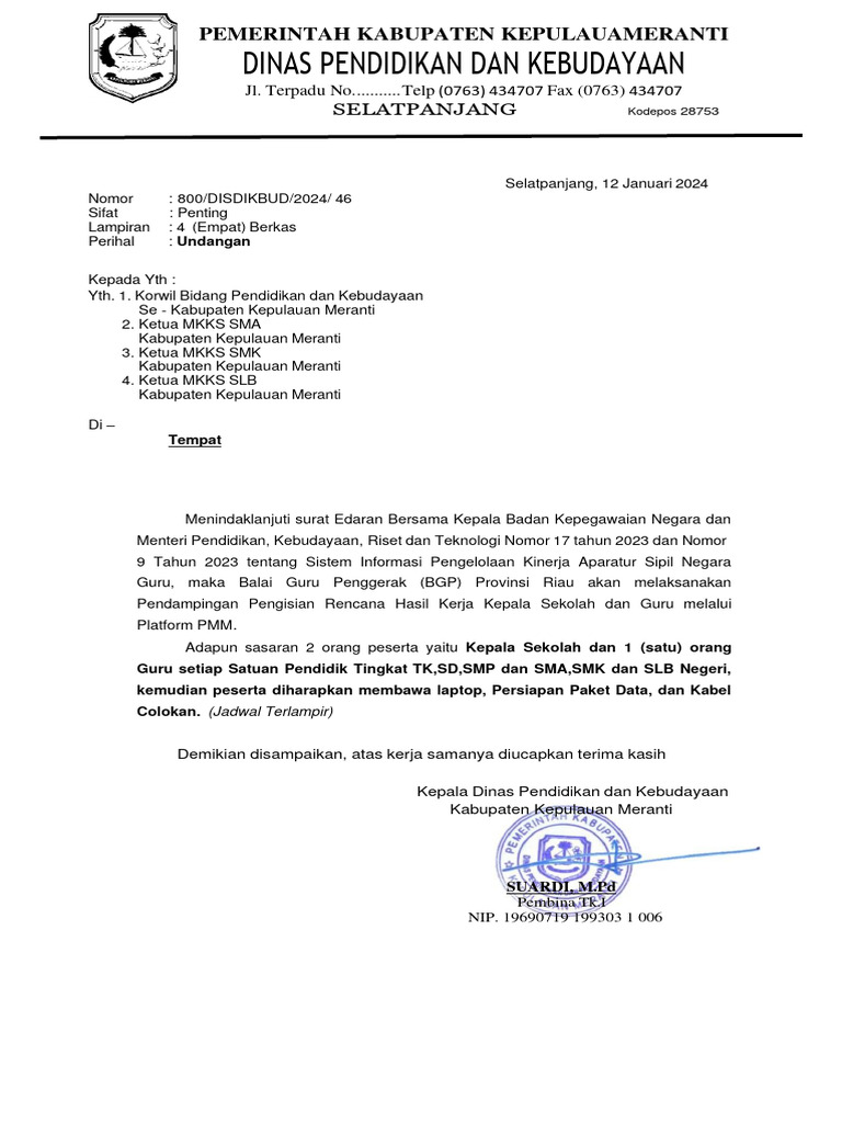 Surat Pemberitahuan Pendampingan Pengisian RHK Di PMM | PDF