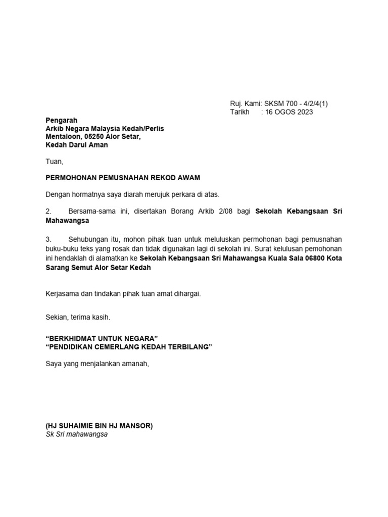 Contoh Surat Pelupusan Ke Arkib Negara | PDF