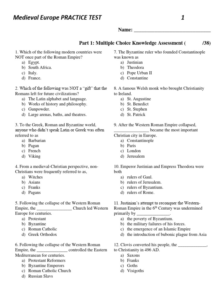 Medieval Europe Practice Test | PDF | Byzantine Empire | Middle Ages