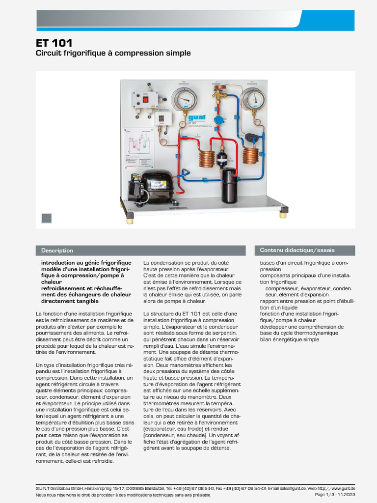 ET 101 Circuit Frigorifique A Compression Simple Gunt 149 PDF 1 FR FR ...