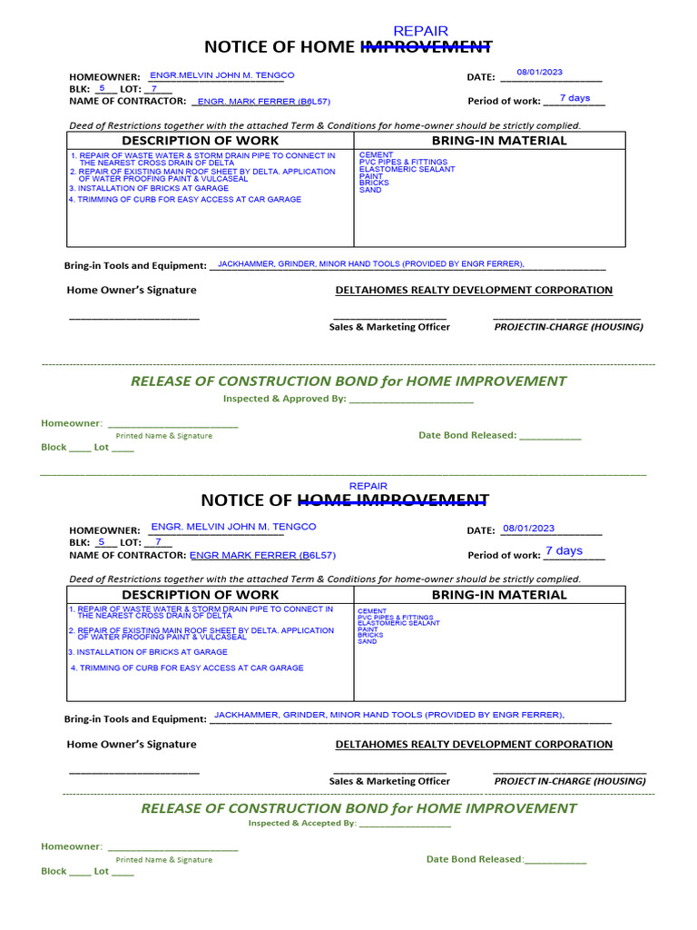 Notice of Home Improvement | PDF | Pipe (Fluid Conveyance) | Drainage