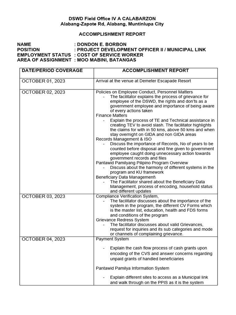 Accomplishment Report OCT. Part1 Don | PDF | Employment