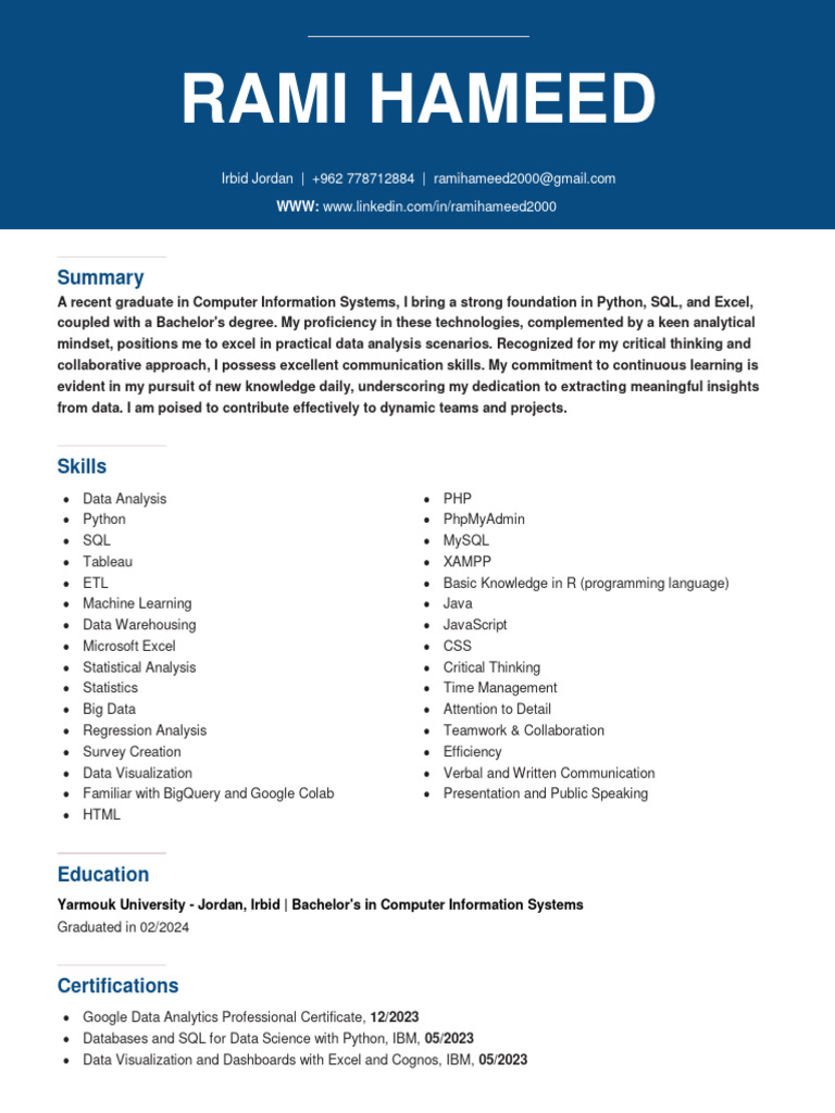 Rami Hameed CV PDF | PDF | Data | Sql