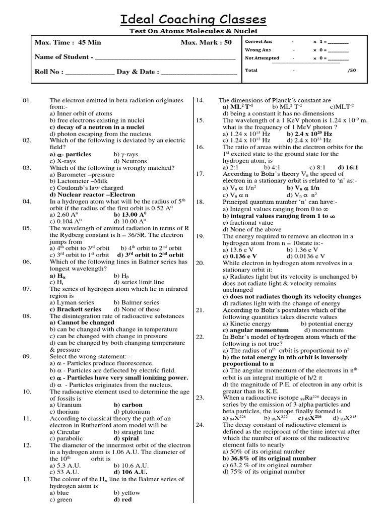 Atoms, Molecules & Nuclei Test Paper | PDF | Atoms | Atomic Nucleus
