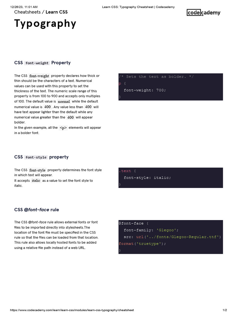 Learn CSS - Typography Cheatsheet - Codecademy | PDF | Writing | Internet Learn CSS - Typography Cheatsheet - Codecademy | PDF | Writing | Internet