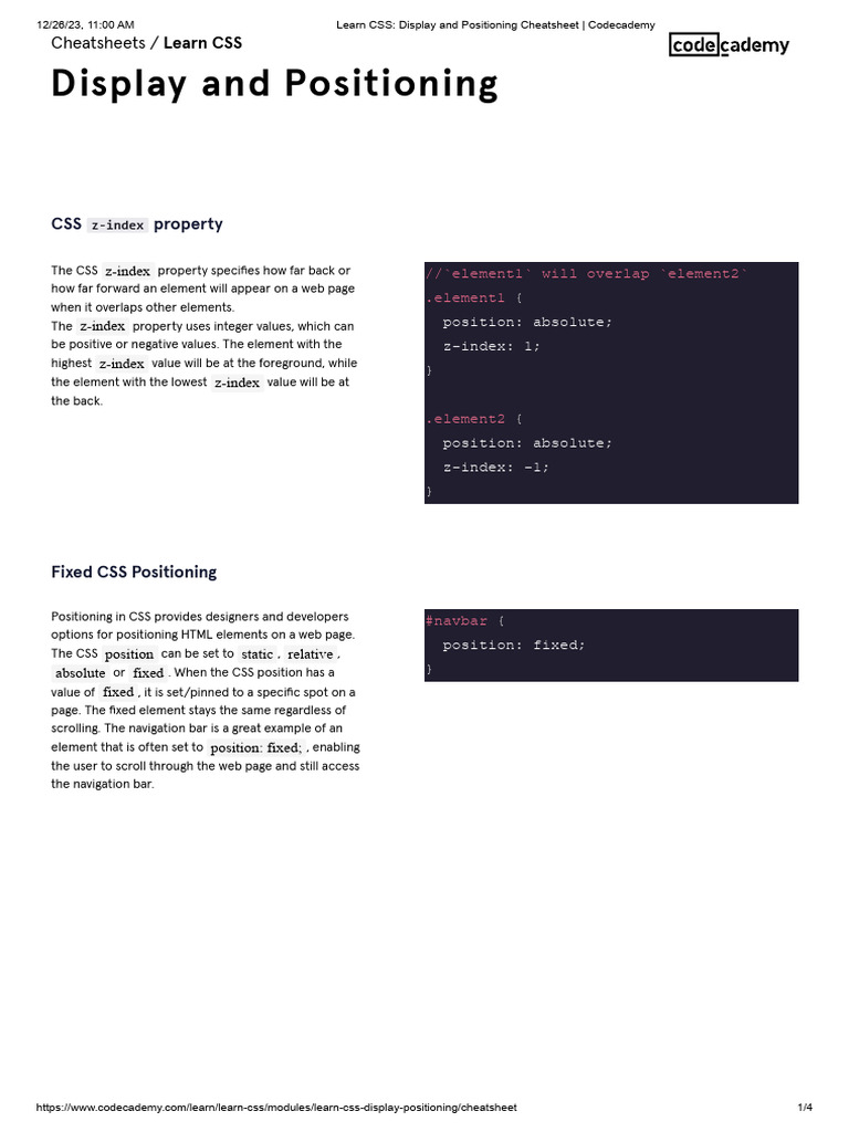 Learn CSS - Display and Positioning Cheatsheet - Codecademy | PDF