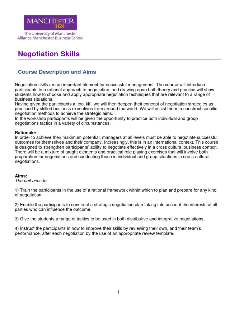 Negotiation Skills Syllabus | PDF | Negotiation | Psychological Concepts