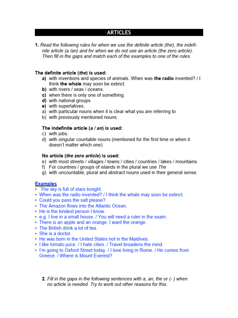 Articles Worksheet | PDF | Noun | Plural