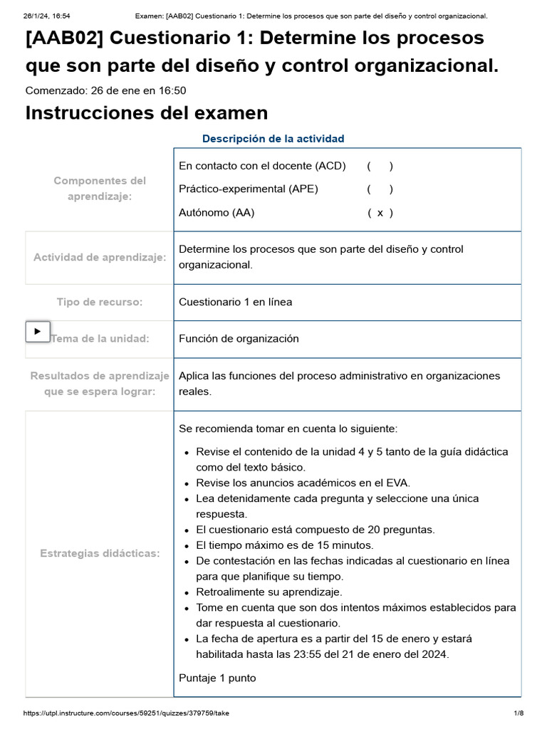 Examen - (AAB02) Cuestionario 1 - Determine Los Procesos Que Son Parte Del Diseño y Control ...