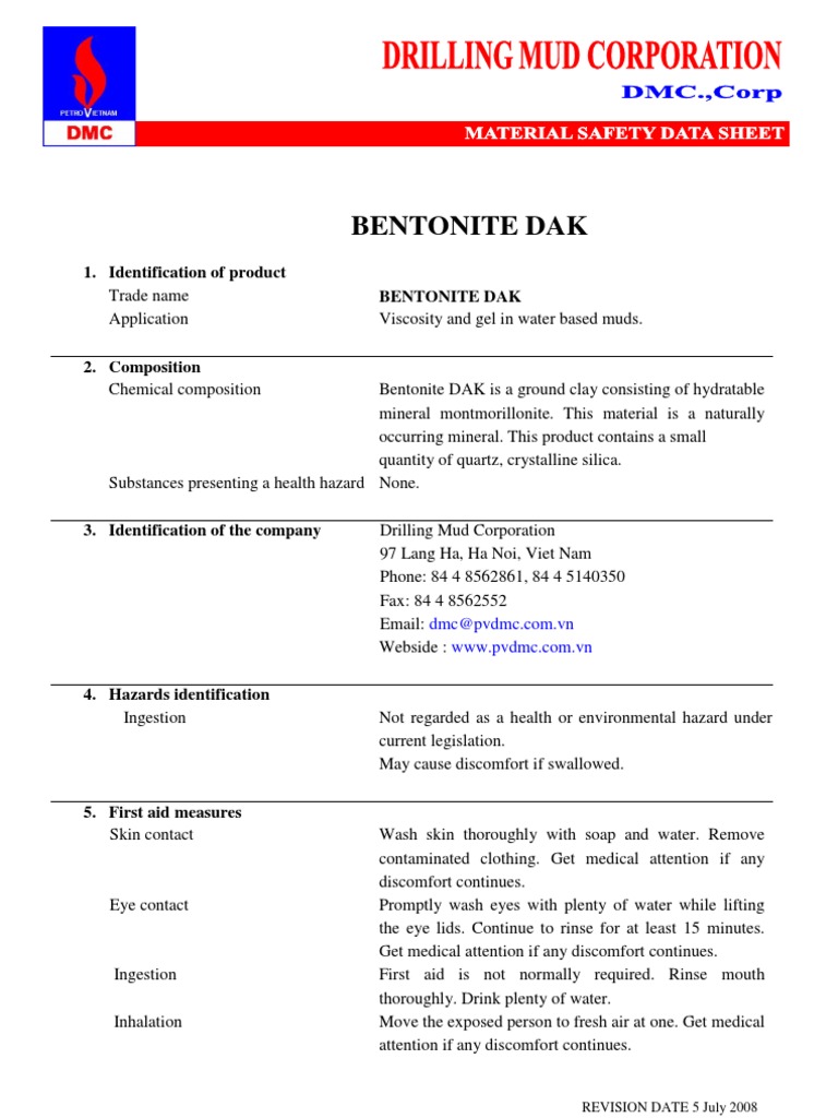 Msds Bentonite Dak (Cua DMC) | PDF | Dust | Powder (Substance)