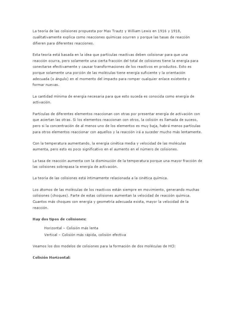 La teoría de las colisiones propuesta por Max Trautz y William Lewis en ...