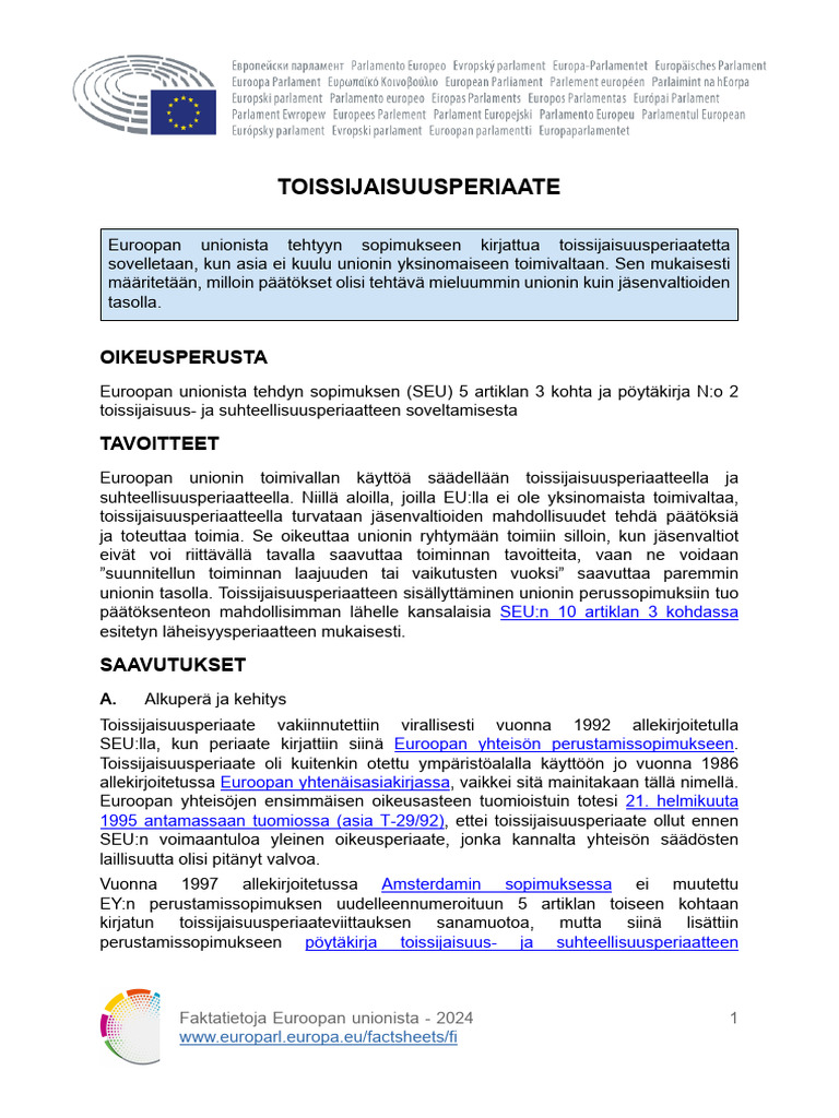 Toissijaisuusperiaate: Oikeusperusta | PDF
