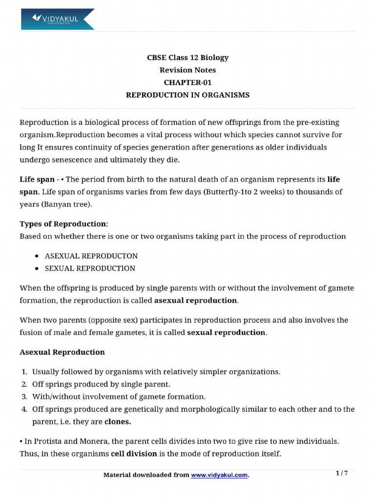 Reproduction in Organisms Notes Class 12 Biology | PDF