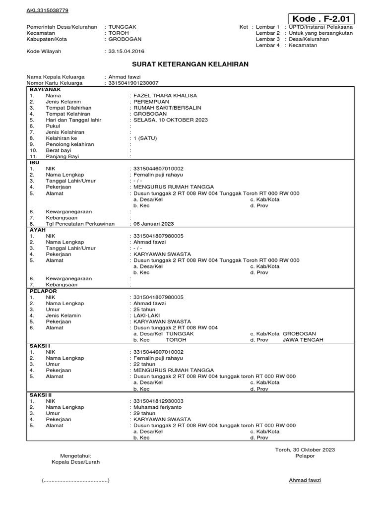 Form PLPRN Kelahiran Akl3315038779 6702 | PDF