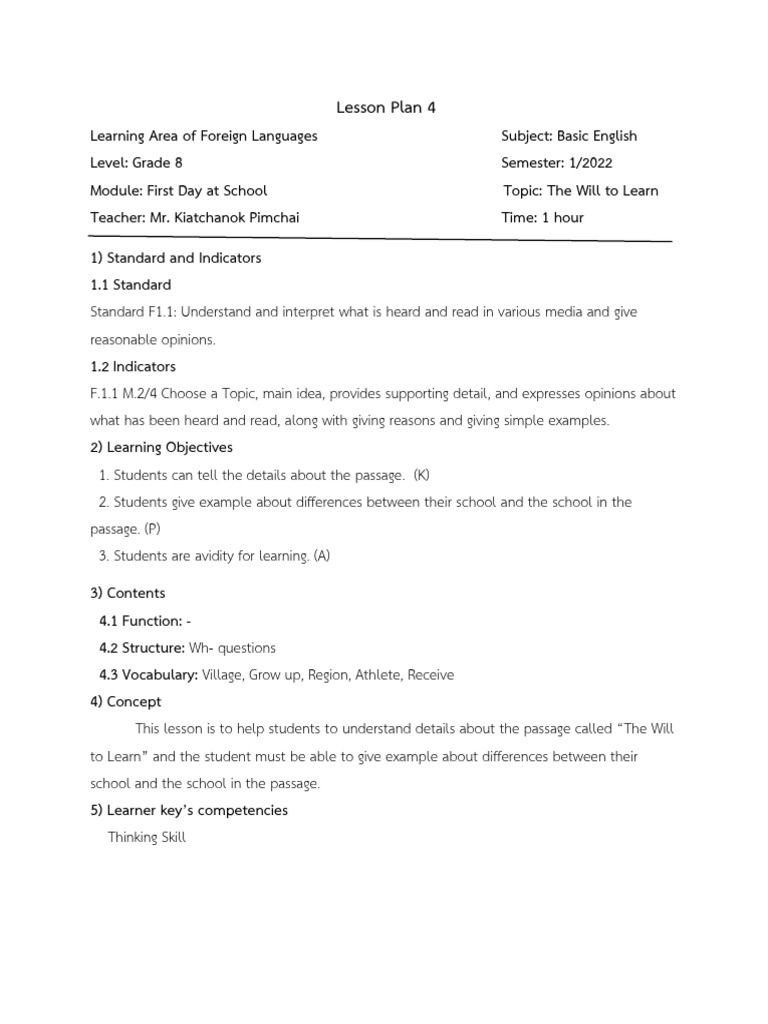 Lesson Plan 4 | PDF | Learning | Lesson Plan