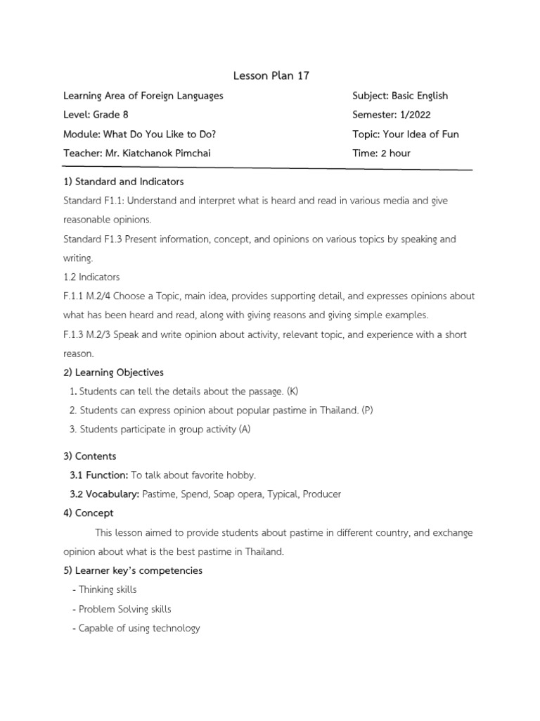 Lesson Plan 17 | PDF | Lesson Plan | Learning Lesson Plan 17 | PDF | Lesson Plan | Learning