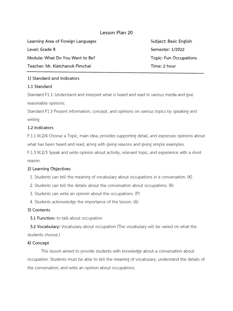 Lesson Plan 20 | PDF | Learning | Vocabulary