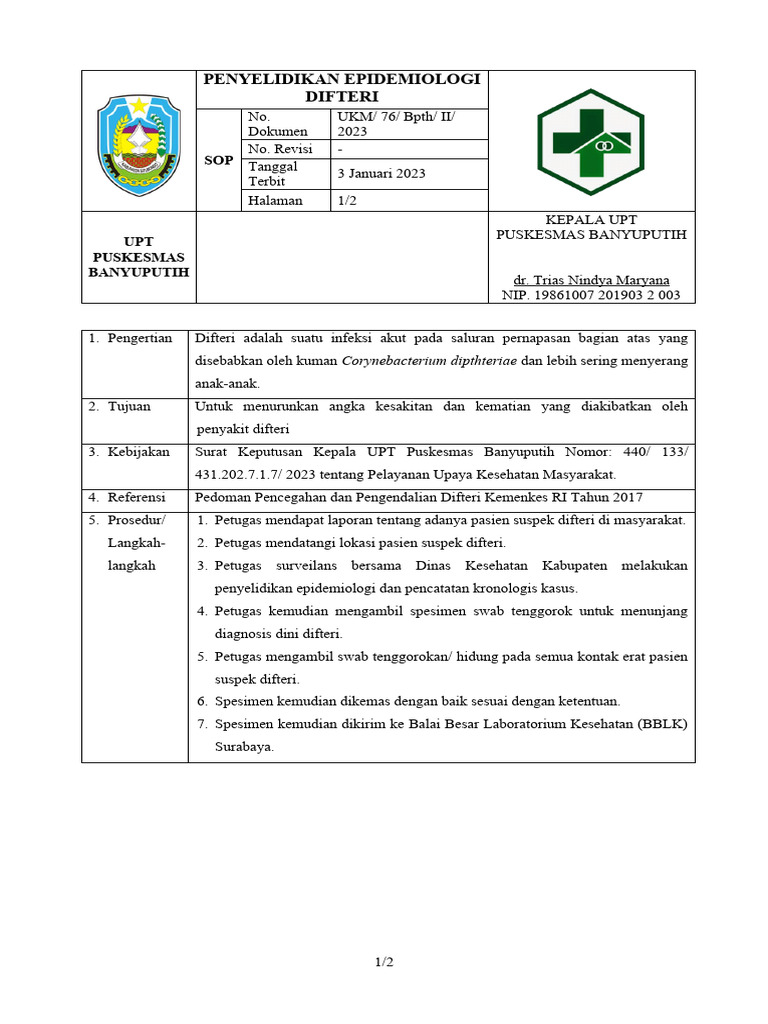 Sop Penyelidikan Epidemiologi Suspek Difteri | PDF