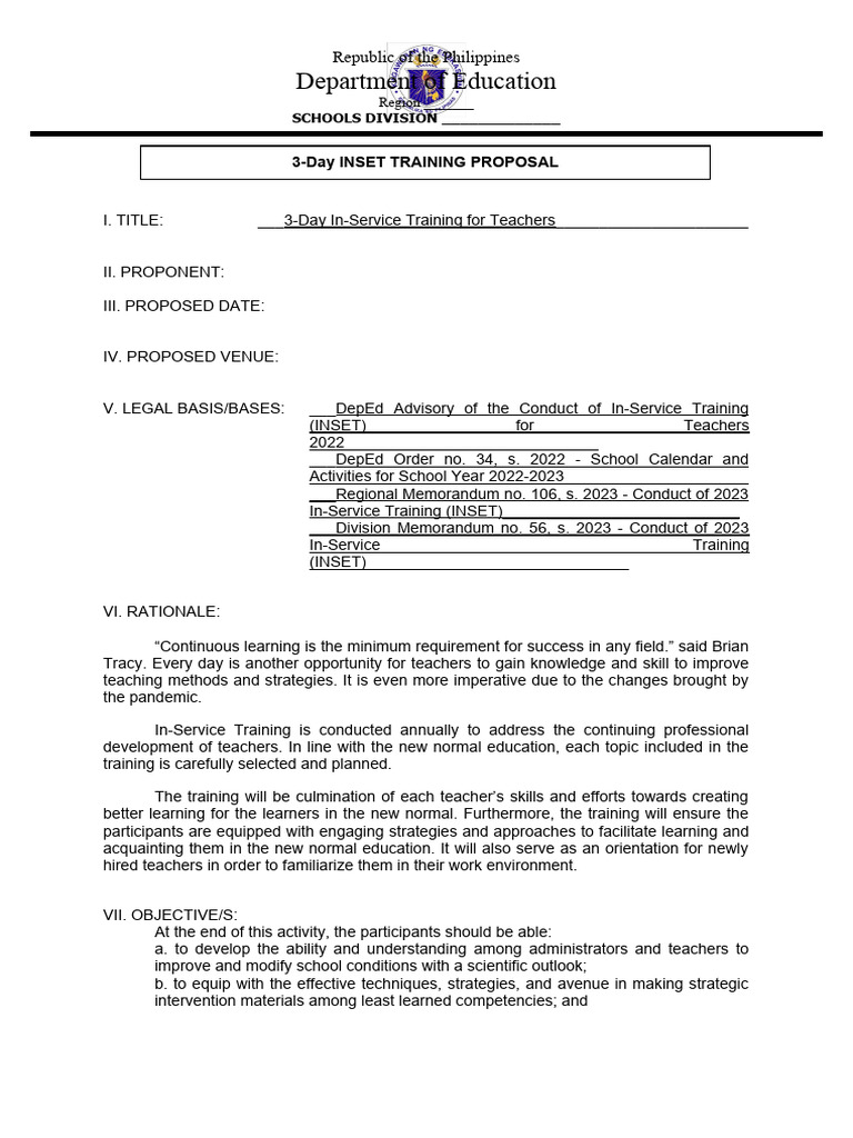 3-Day INSET Training Proposal | PDF | Learning | Education Theory
