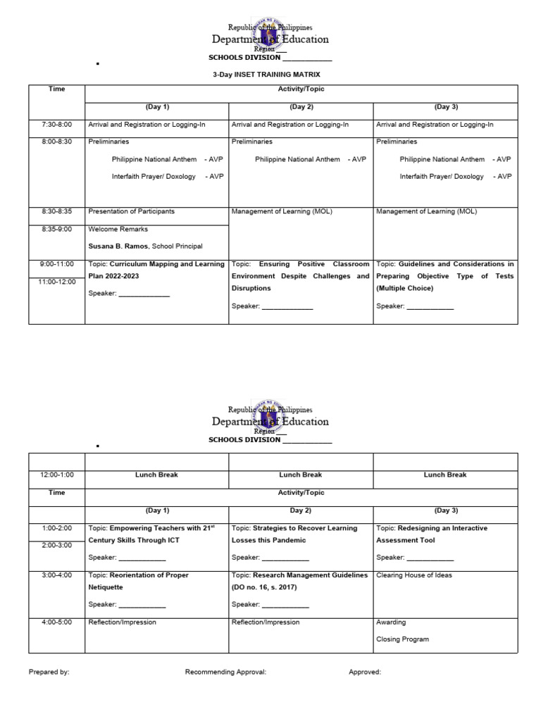 3-Day INSET Training Matrix | PDF | Human Communication | Teaching