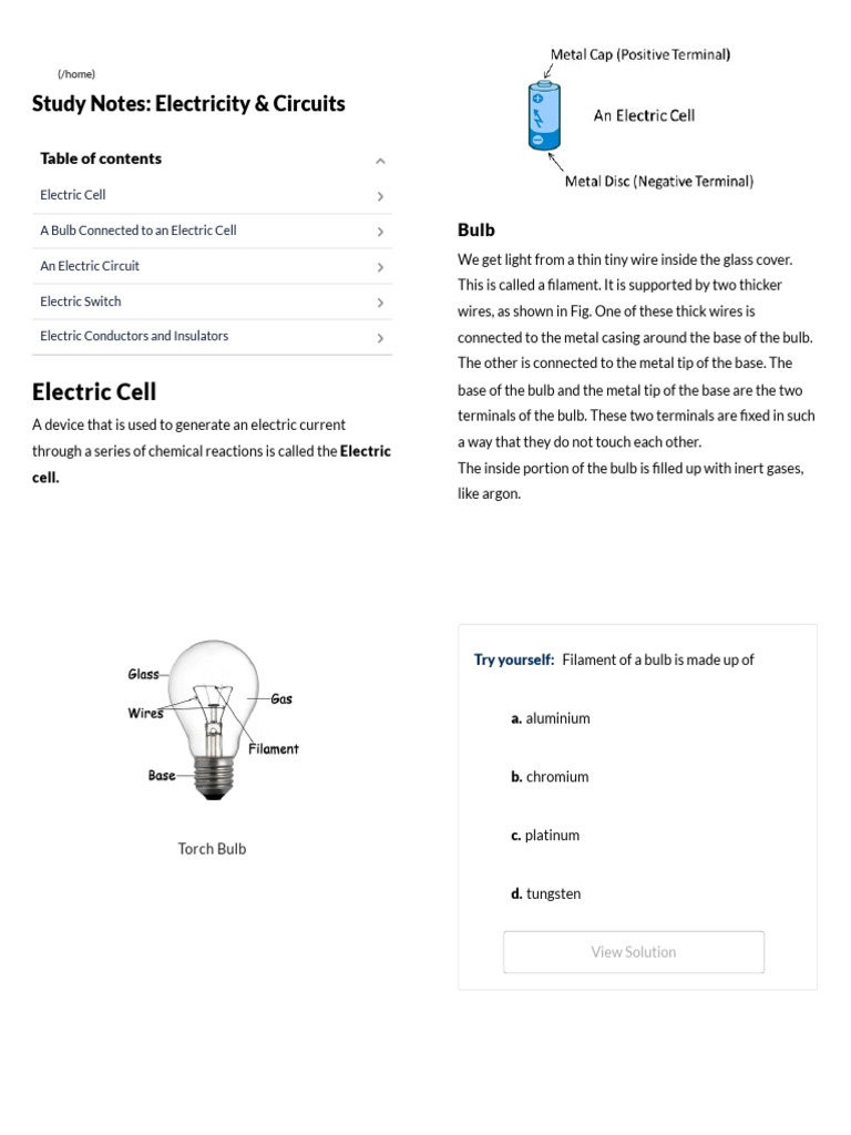 Study Notes - Electricity and Circuits - Science Class 6 PDF Download ...