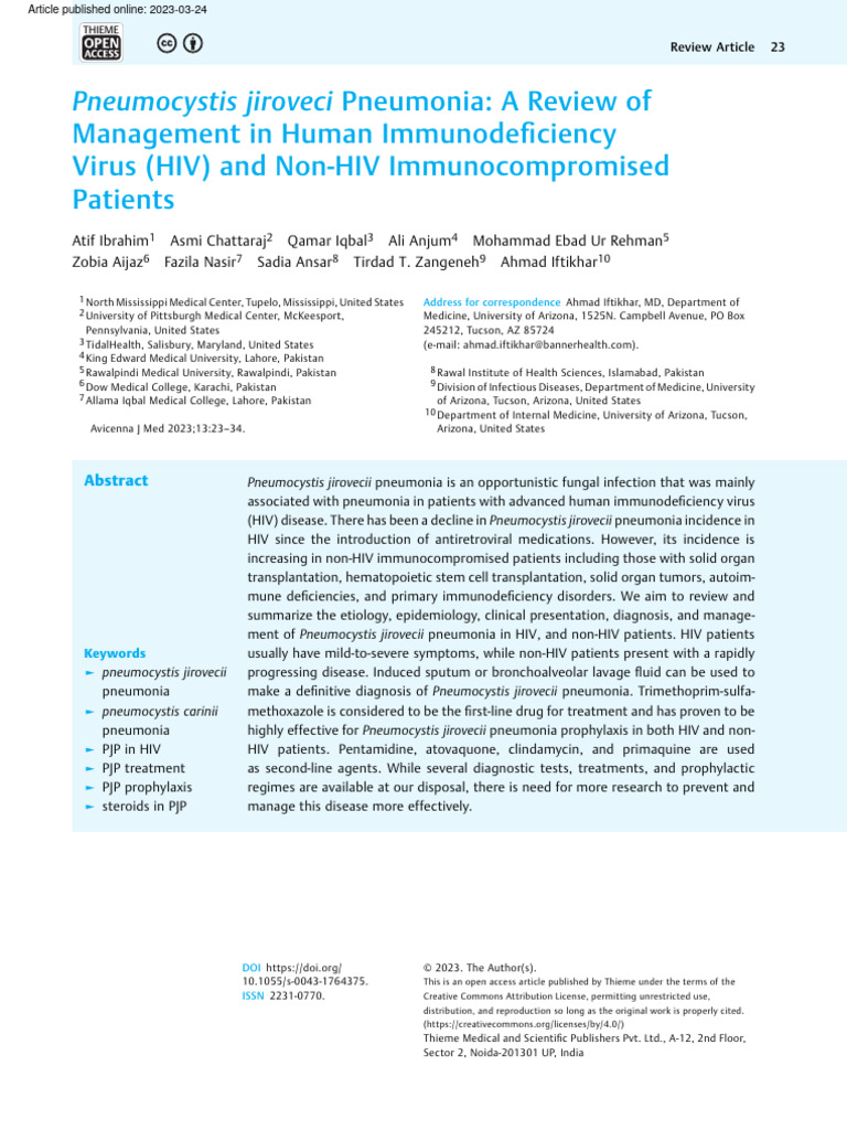 Pneumocystis Jiroveci Pneumonia: A Review of Management in Human ...