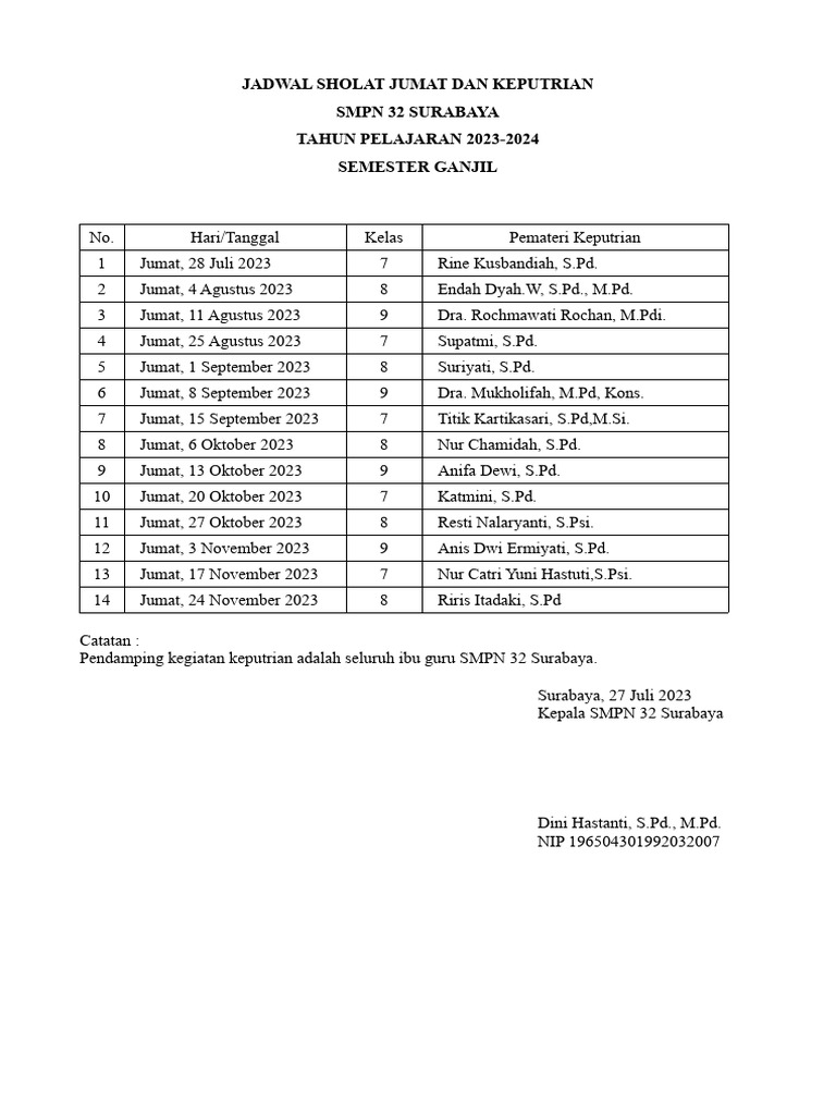 Jadwal Sholat Jumat Dan Keputrian 2023-2024 | PDF